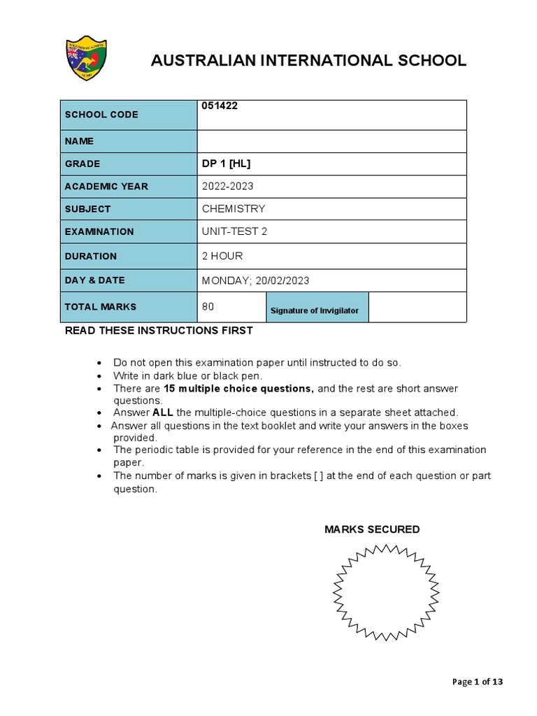 Unit Test 2 - DP 1 Chemistry HL-March 2023 | PDF | Teaching Methods ...