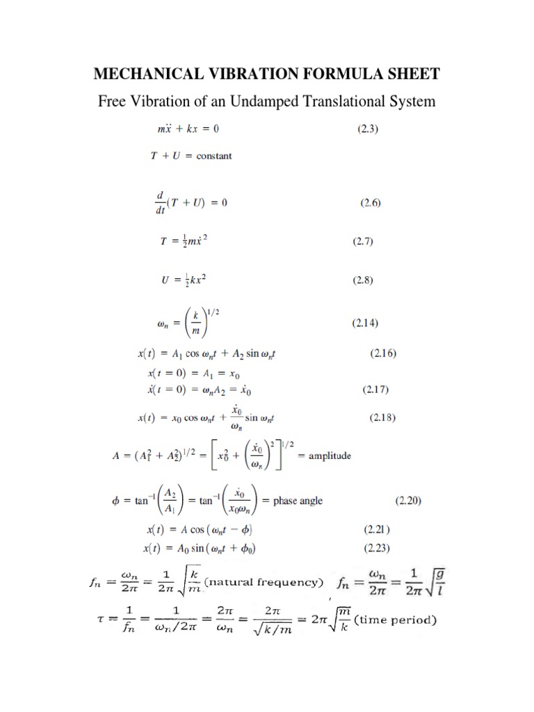 Formula Sheet For Mechanical Vibrations | PDF