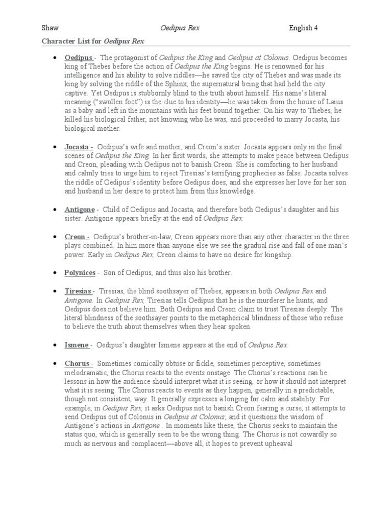 Oedipus Rex Character Overview | PDF | Oedipus | Mythology Of Central ...