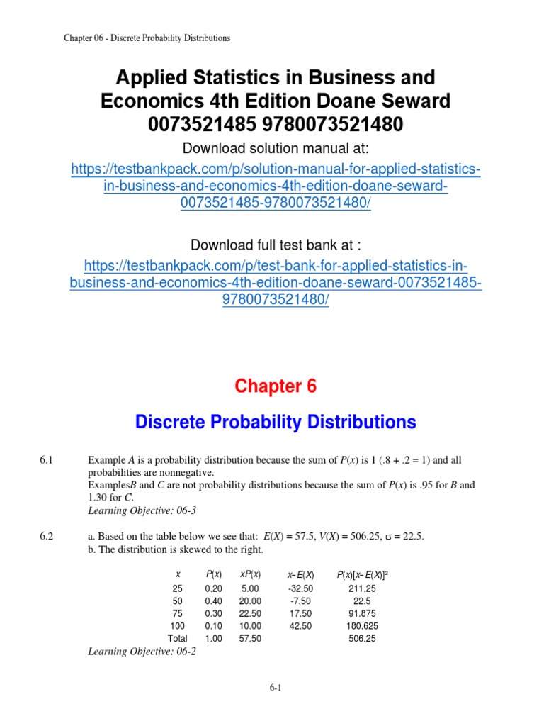Applied Statistics in Business and Economics 4th Edition Doane Solutions Manual 1 | PDF ...