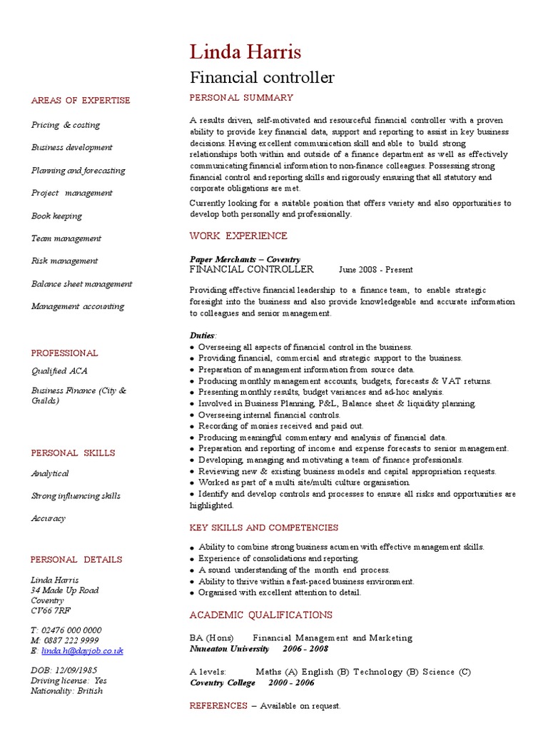 Financial Controller CV Template | PDF | Management Accounting | Business