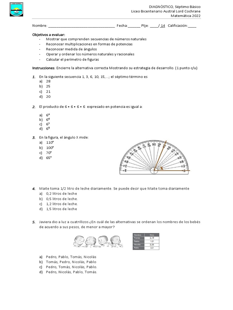 Diagnostico Matematica 7 Basico | PDF
