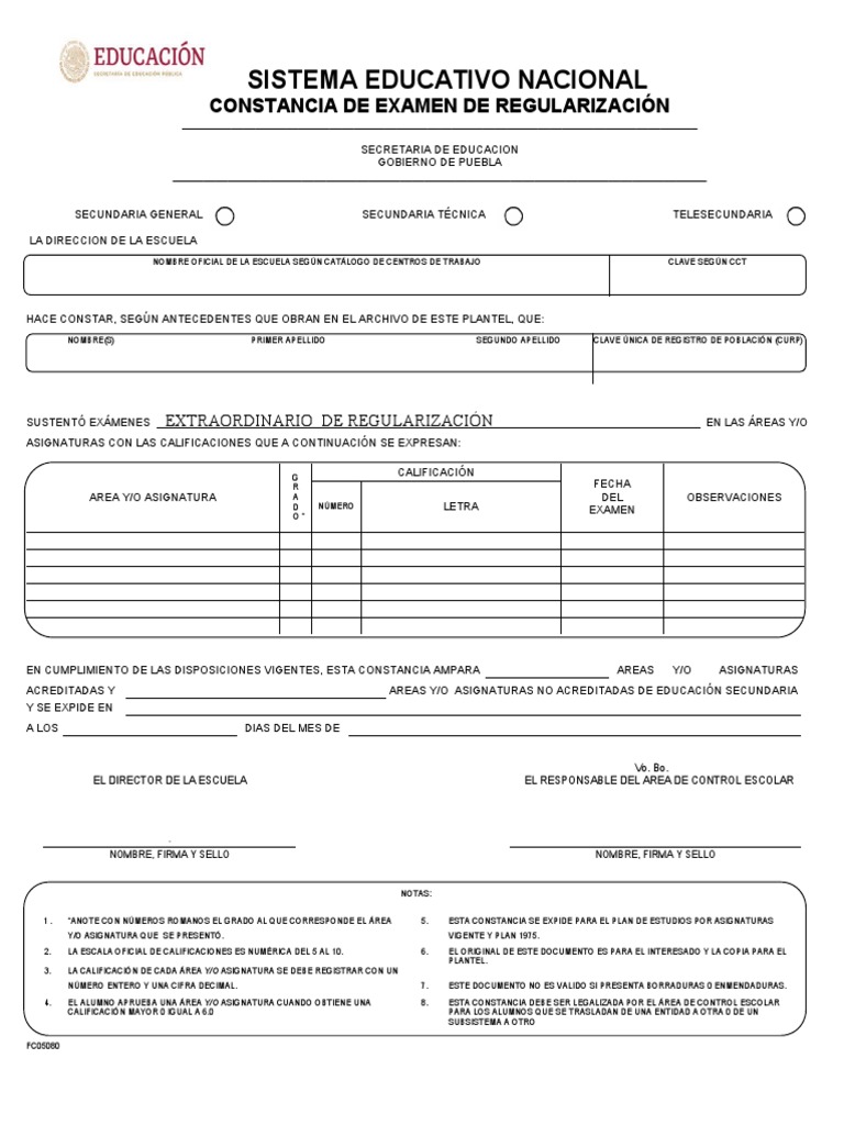 Formato de Constancia de Examen de Regularización - Secundaria - Puebla ... Formato de Constancia de Examen de Regularización - Secundaria - Puebla ...