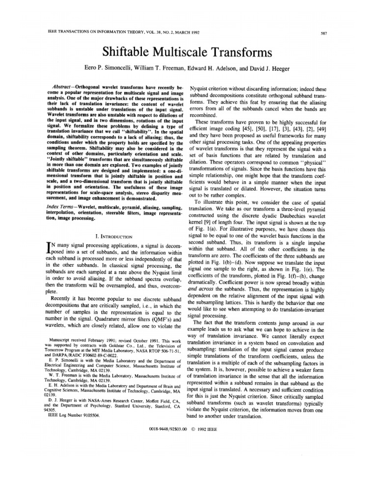 Simoncelli Et Al. - 1992 - Shiftable Multiscale Transform | PDF