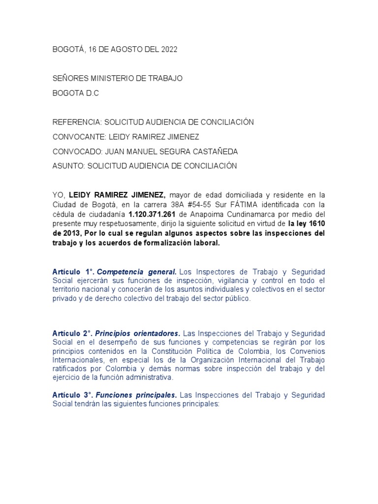 Solicitud de Conciliacion en Materia Laboral Leidy Ramirez | PDF | Derecho laboral | Debido al ...