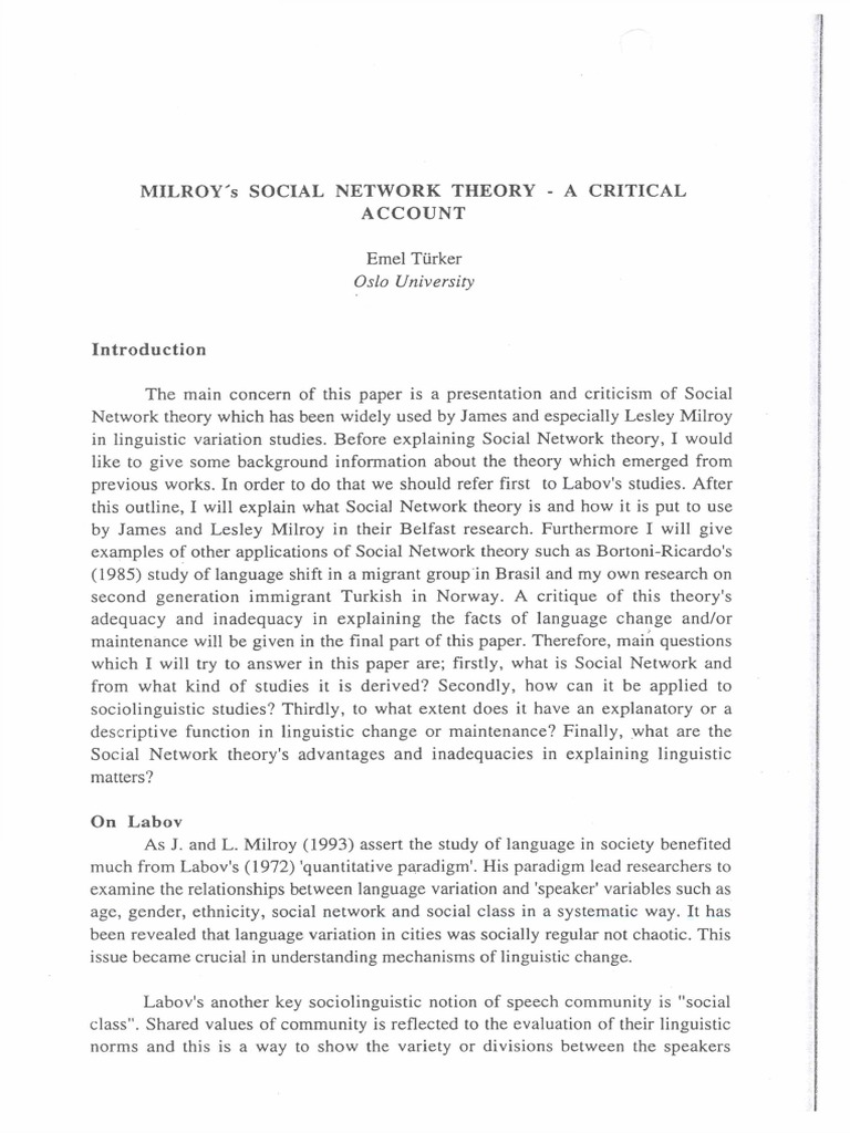 Milroy's Social Network Theory - A Critical Account (#313060) - 303115 ...