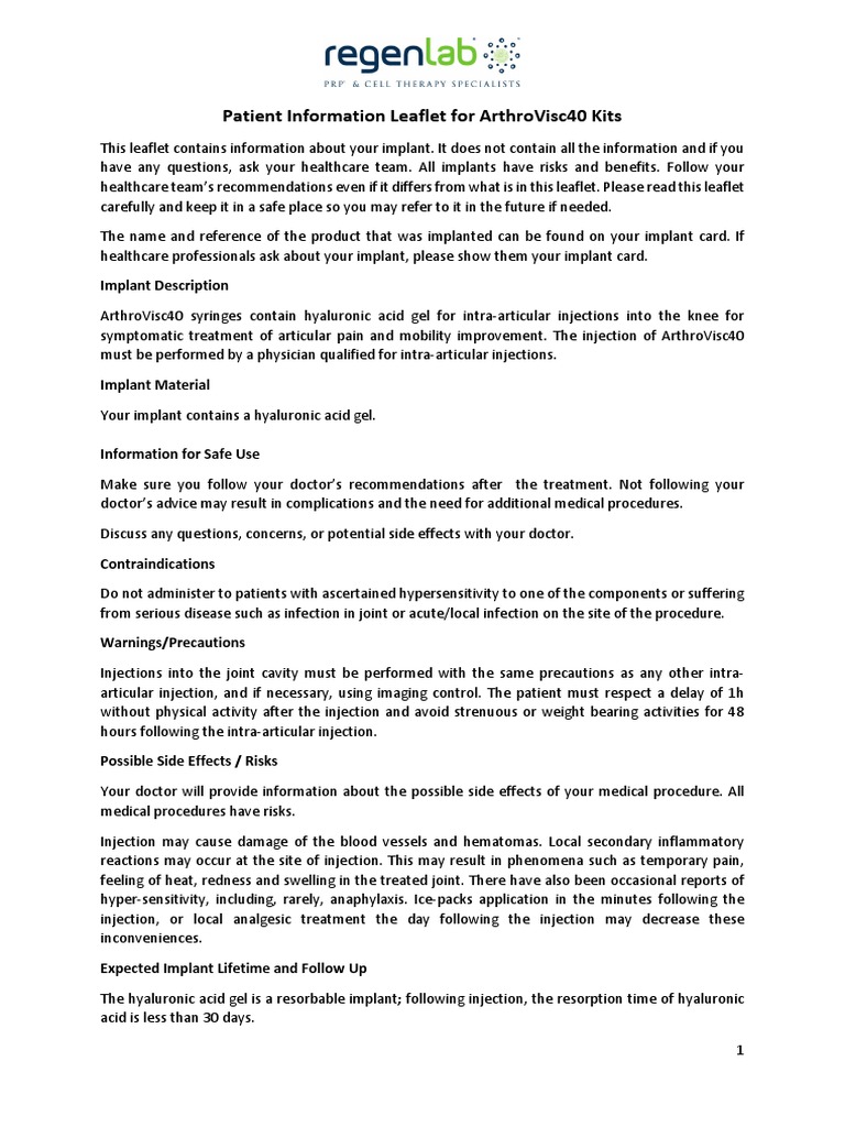 Patient Information Leaflet For ArthroVisc40 v.1.0 | PDF