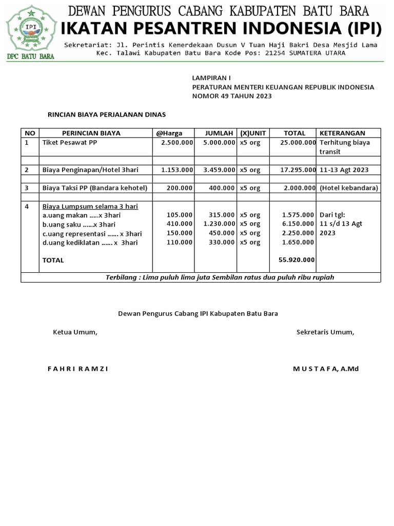 Rincian Biaya Perjalanan Dinas 2023 | PDF