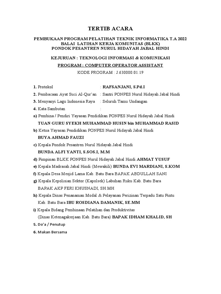 Tertib Acara Pembukaan BLK | PDF