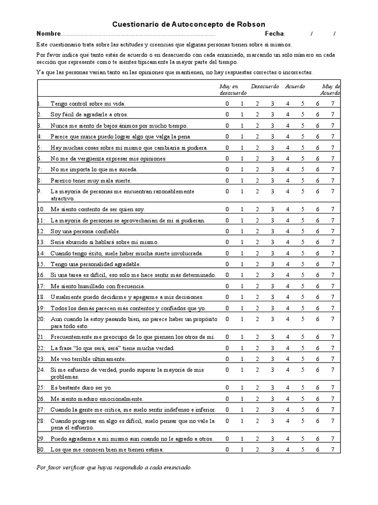 Cuestionario de Autoconcepto Robson | PDF | Relaciones personales ...