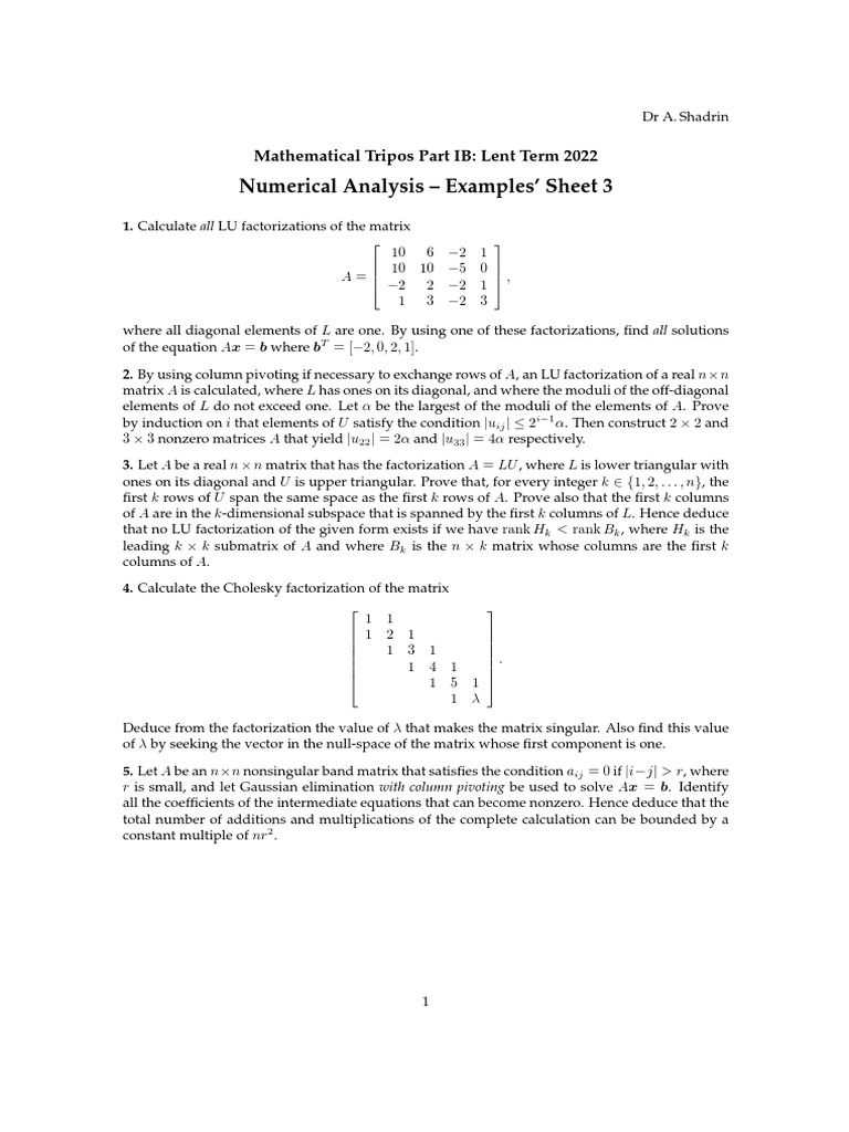 Numerical Analysis - Examples' Sheet 3: Mathematical Tripos Part IB: Lent Term 2022 | PDF ...