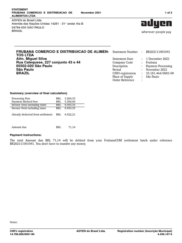 Adyen Invoice BR202111001041.Company - Frubana BR | PDF | Payments | Money