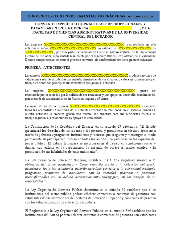 4.formato de Convenio Especifico de Practicas Preprofesionales y Pasantias Empresas Públicas ...
