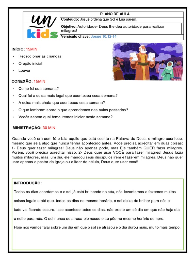 PLANO DE AULA Os Josue e o Sol e A Lua | PDF | Josué | Milagre