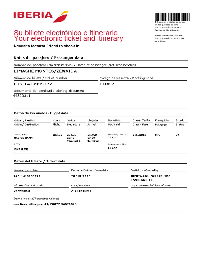 Pasaje aéreo Lima-Madrid: Itinerario y datos | PDF | Comunicación escrita | Documento