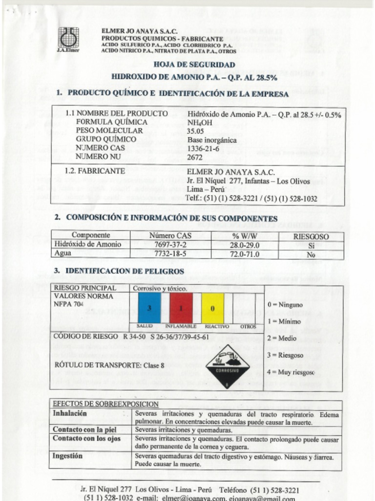 Msds Hidroxido de Amonio Elmer Jo | PDF Msds Hidroxido de Amonio Elmer Jo | PDF