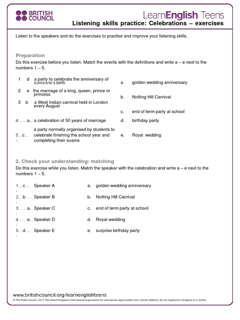 Listening Skills: Celebrations Practice | PDF | Foreign Language ...