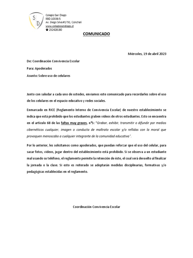 Comunicado - Uso Celular ELENA BETTINI | PDF