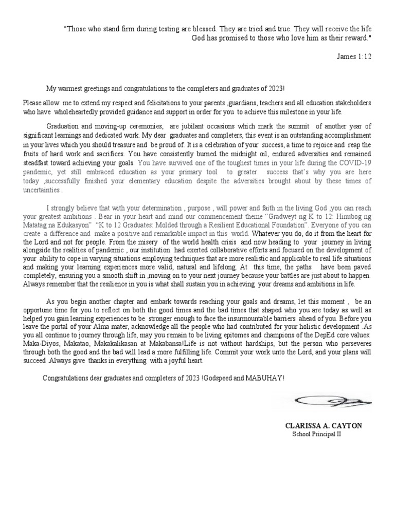 2023 Graduation Message CACayton | PDF