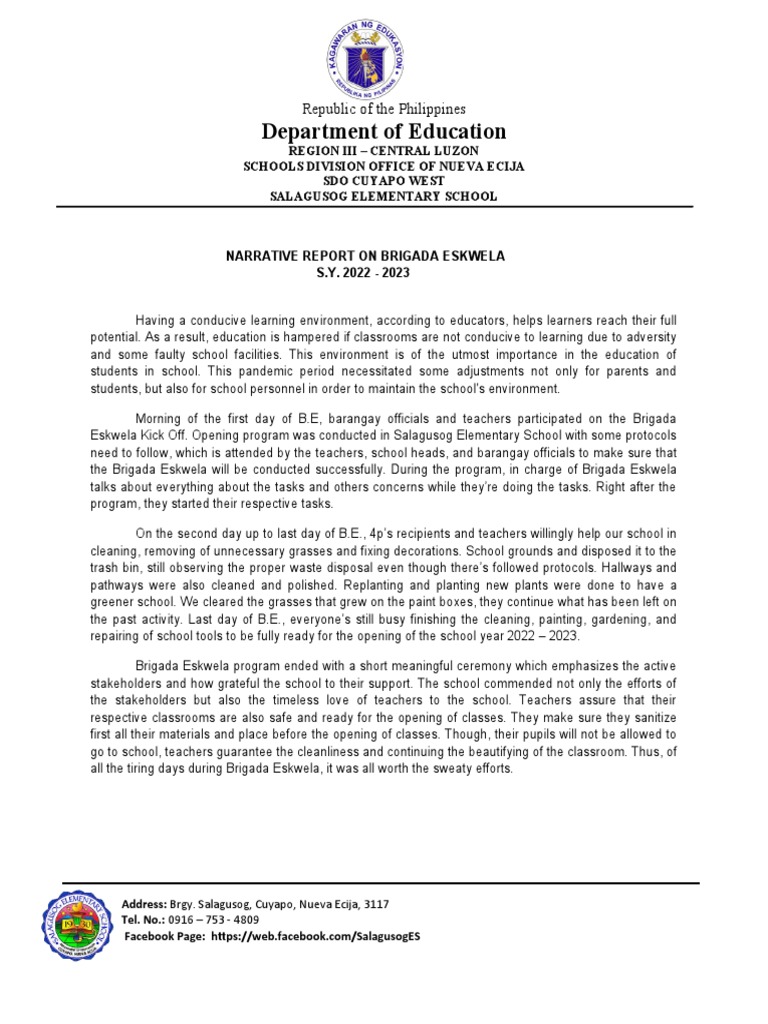 Narrative Report On Brigada Eskwela | PDF