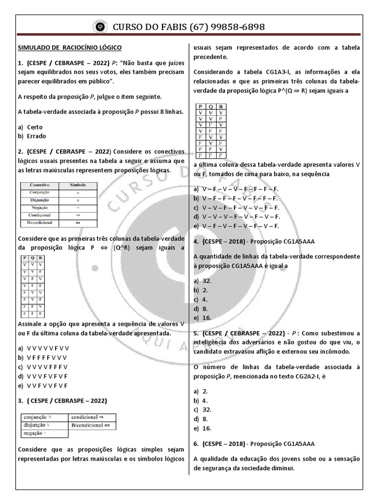 Simulado de Raciocínio Lógico | PDF | Lógica matemática | Lógica
