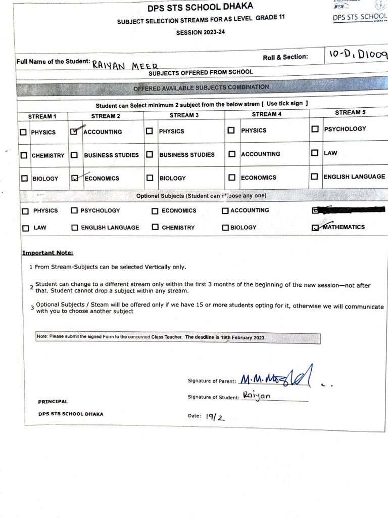 Subject Selection Form - Raiyan Meer | PDF