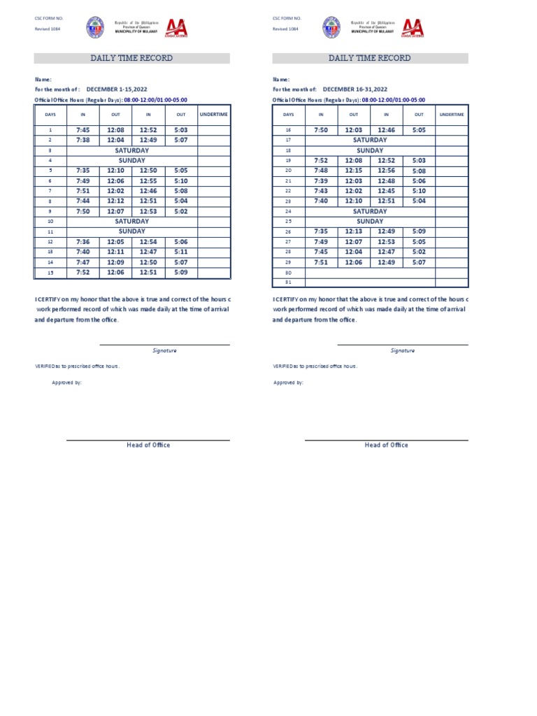 Daily Time Record of CDW | PDF