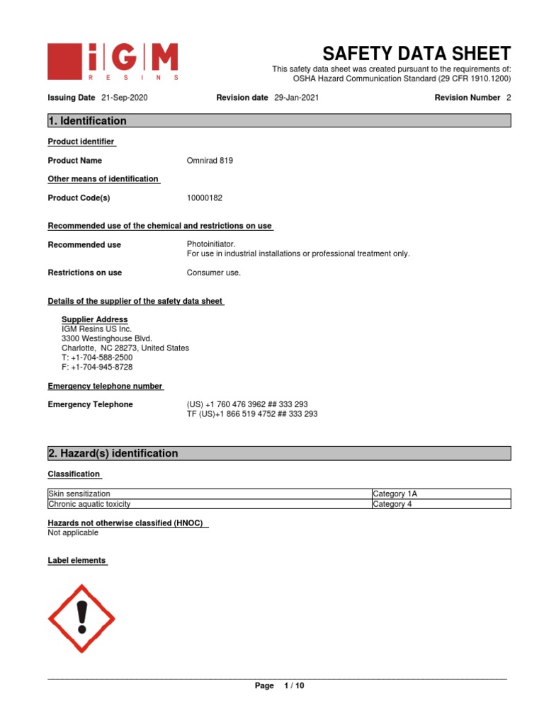MSDS IGM - Omnirad 819 | PDF | Technology & Engineering