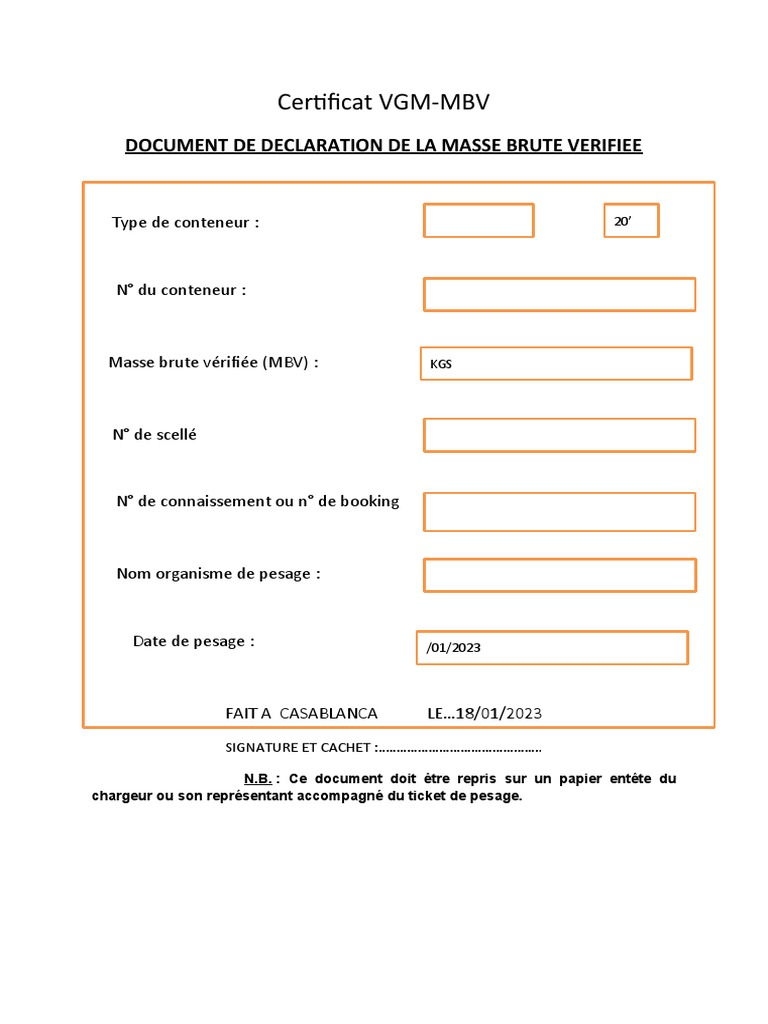 Certificat VGM-MBV: Document de Declaration de La Masse Brute Verifiee ...