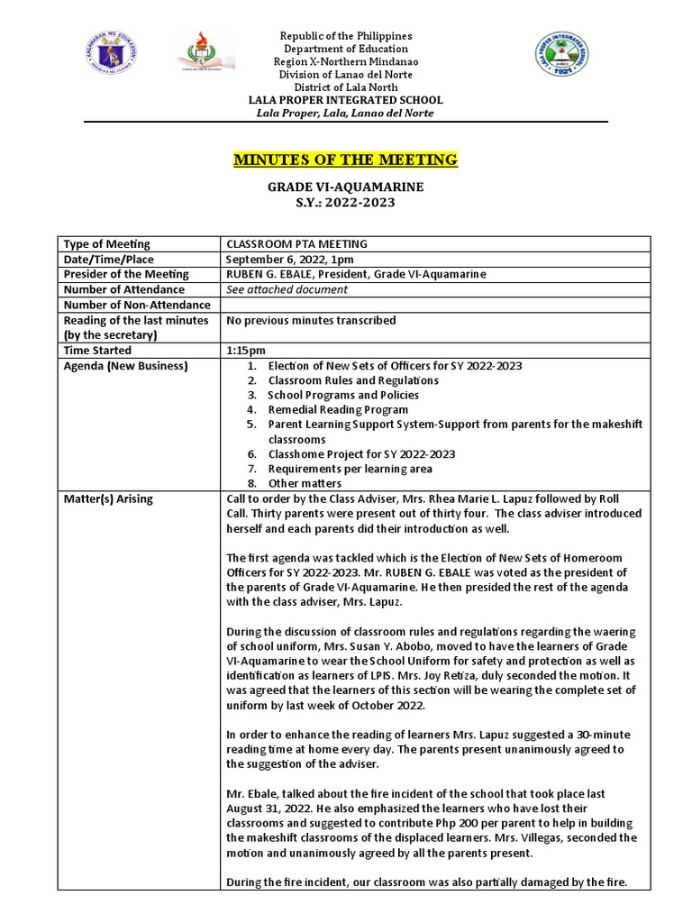 Homeroom Pta Minutes of Meeting | PDF