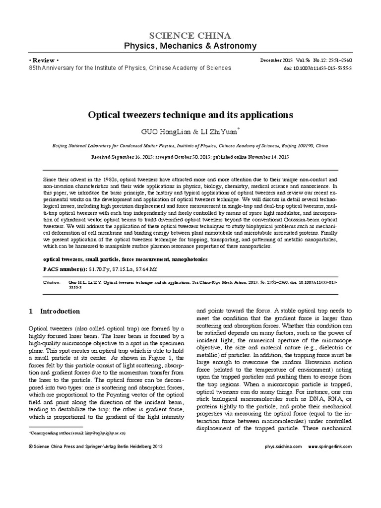 Optical Tweezers Technique and Its Applications: Science China | PDF
