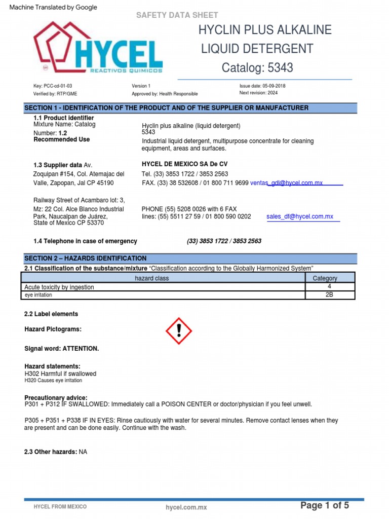 Hyclin Plus Alkaline Safety Data Sheet | PDF | Water | Waste