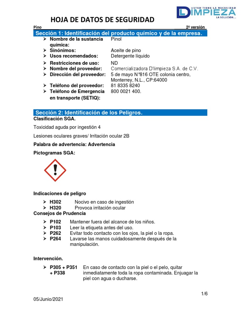 14883-02047 Hoja de Seguridad Pino | PDF | Hidróxido de sodio | Compuestos químicos