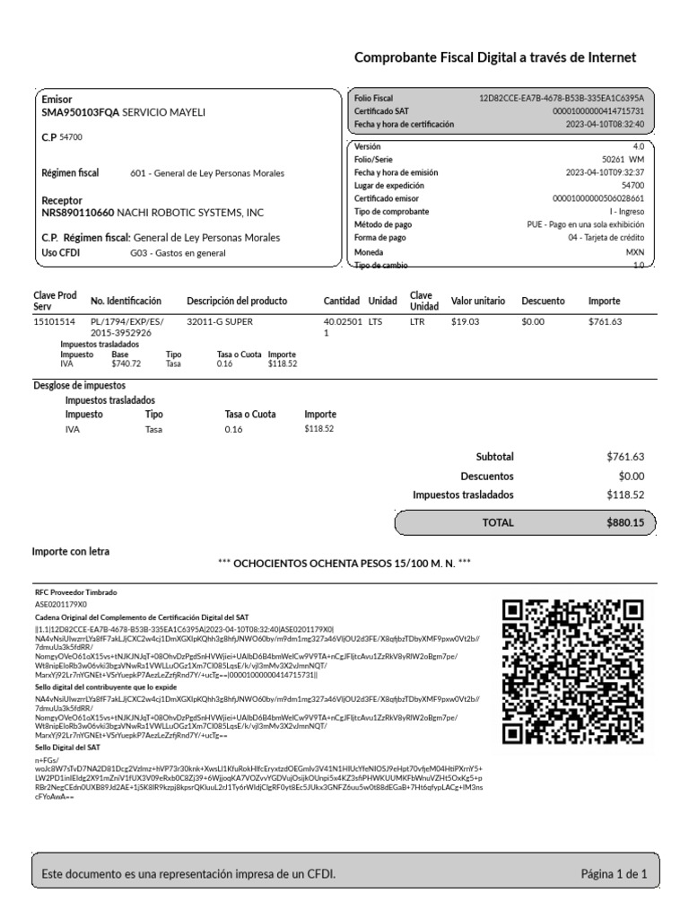 Comprobante Fiscal Digital A Través de Internet: Emisor Sma950103Fqa ...