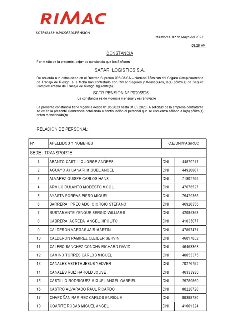 Constancia de Seguro SCTR Mayo 2023 | PDF | Seguro | Riesgo financiero