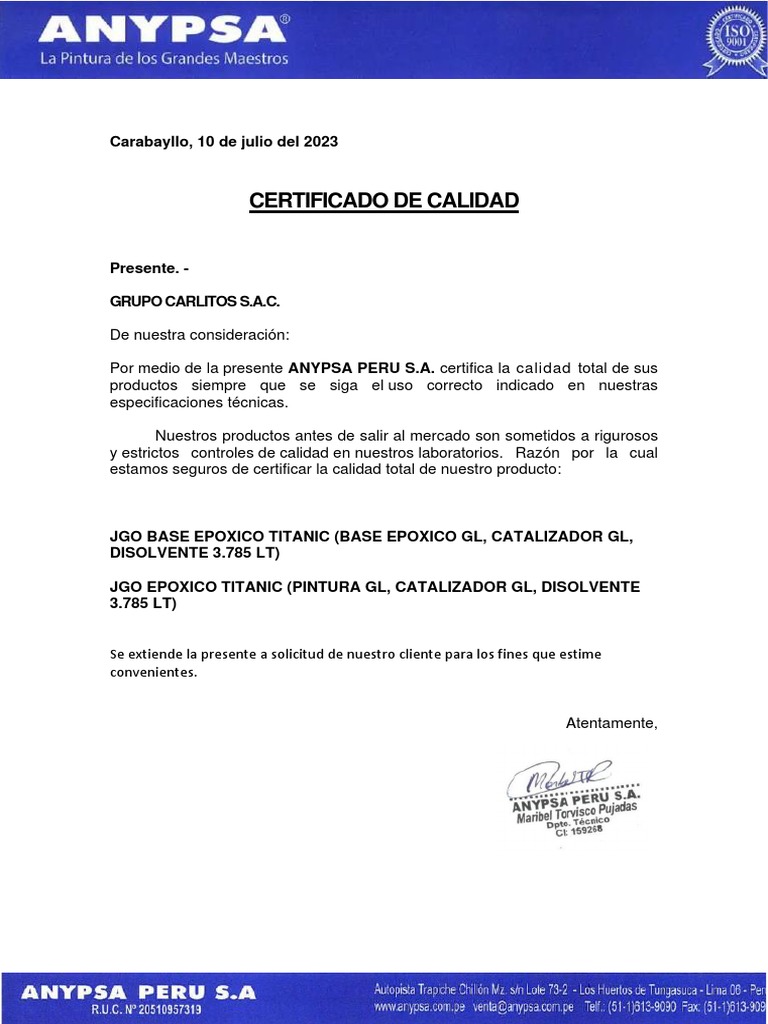 Certificado de Calidad Pintura | PDF