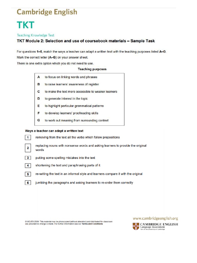 TKT Task Unit 24. Selection and Use of Coursebook Materials | PDF