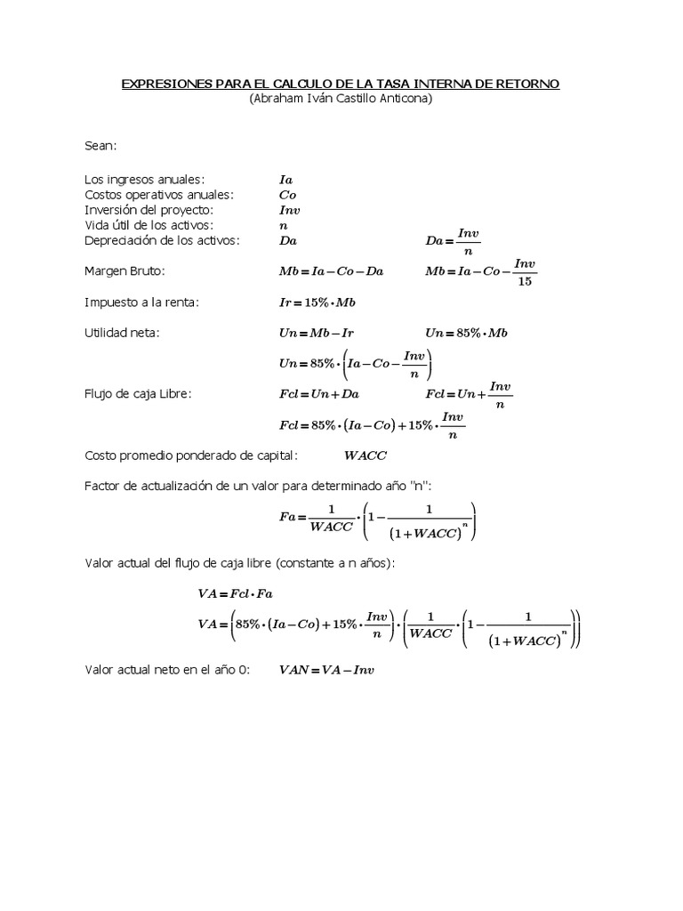 Cálculo de la Tasa Interna de Retorno | PDF