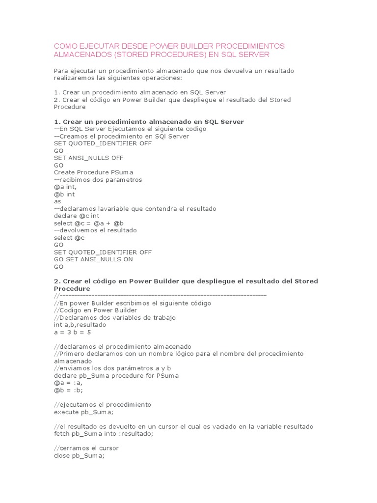 Power Builder - Procedimientos Almacenados | PDF | SQL | Servidor SQL de Microsoft