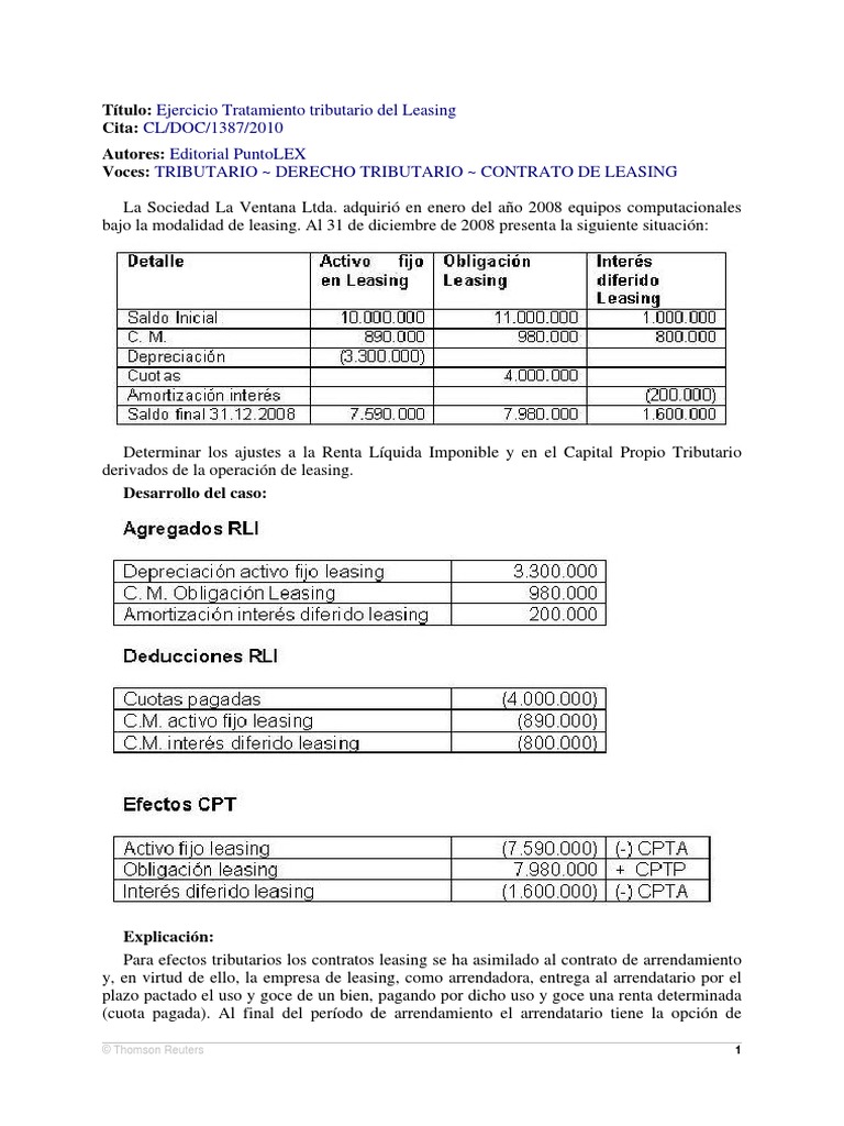 Ejercicio Tratamiento Tributario de Los Leasing | PDF