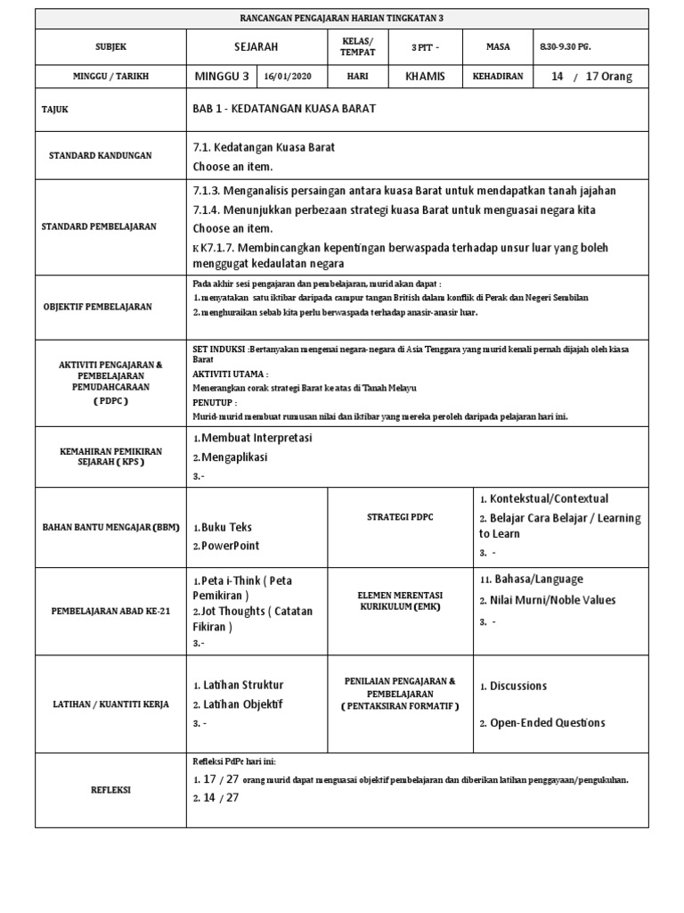 Template RPH Tingkatan 3, Sej 2020 | PDF