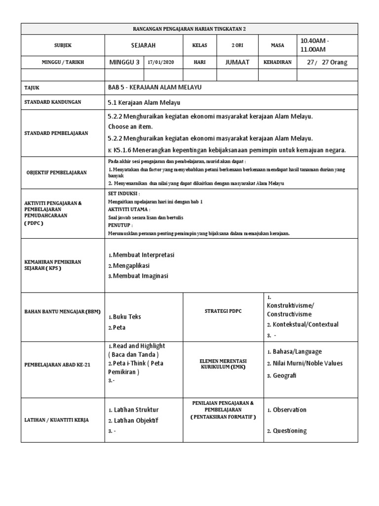 Template RPH Tingkatan 2, Sej 2020 | PDF