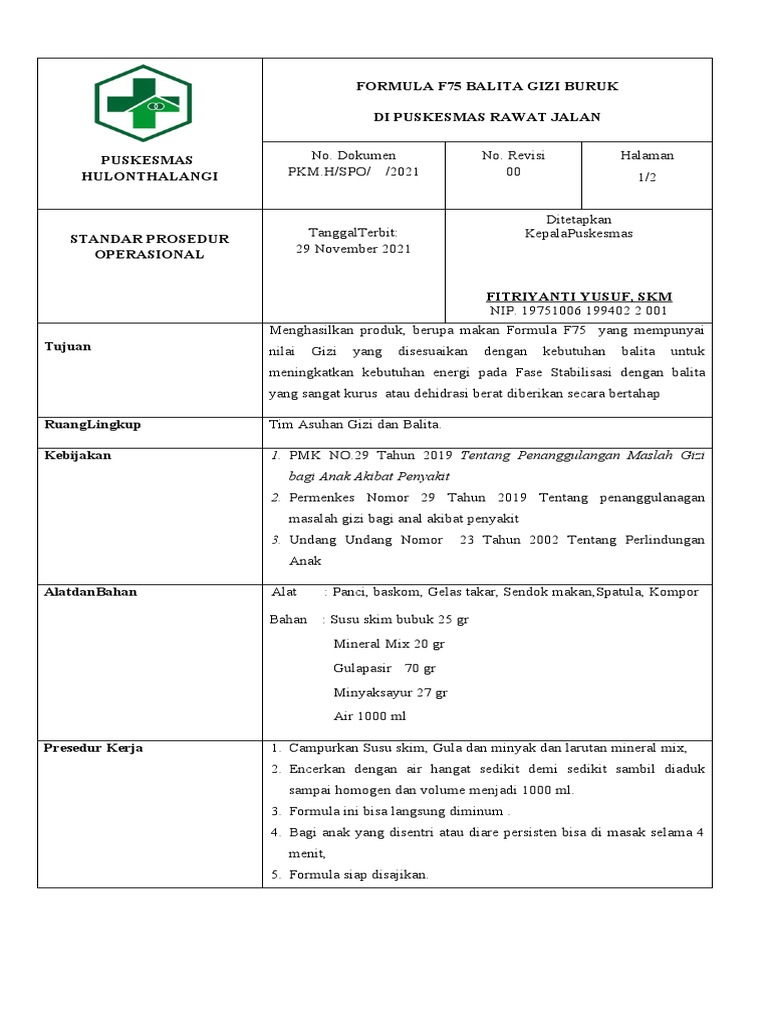 Sop Formula f75 Puskesmas | PDF