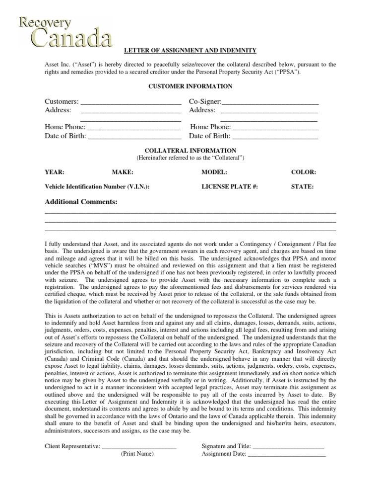 Letter of Assignment Oct 04 | PDF | Indemnity | Bankruptcy