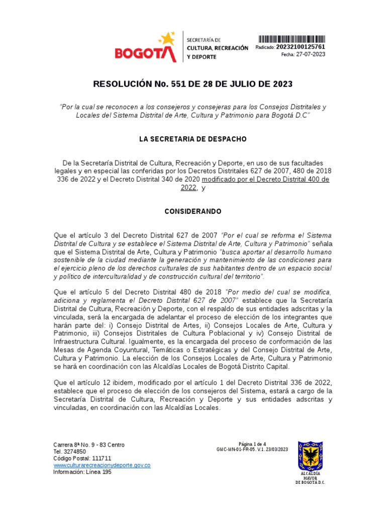 Resolucion 551 28 Julio 2023 Resolucion Consejos SDACP | PDF | Bogotá ...