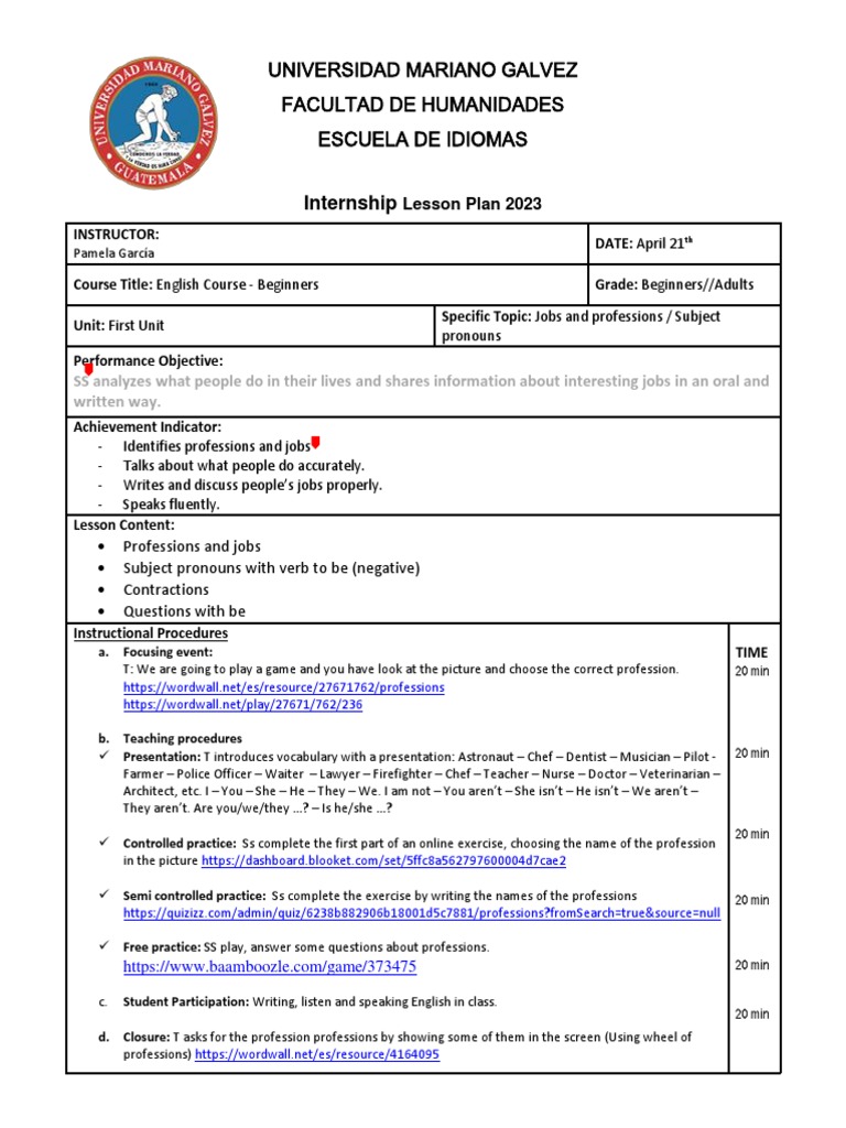 Annotated-Internship Lesson Plan 2023 #5 - Professions and Jobs | PDF