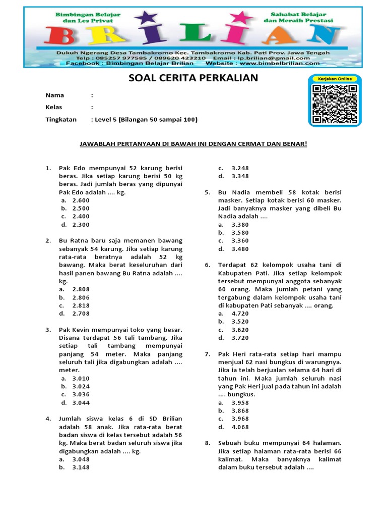 Soal Cerita Perkalian Level 5 Kelas 4 SD Bilangan 50 Sampai 100 | PDF ...