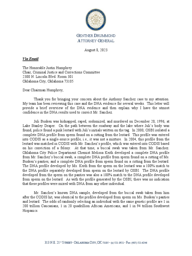 AG's Letter Concerning DNA Evidence in Anthony Sanchez Case | PDF