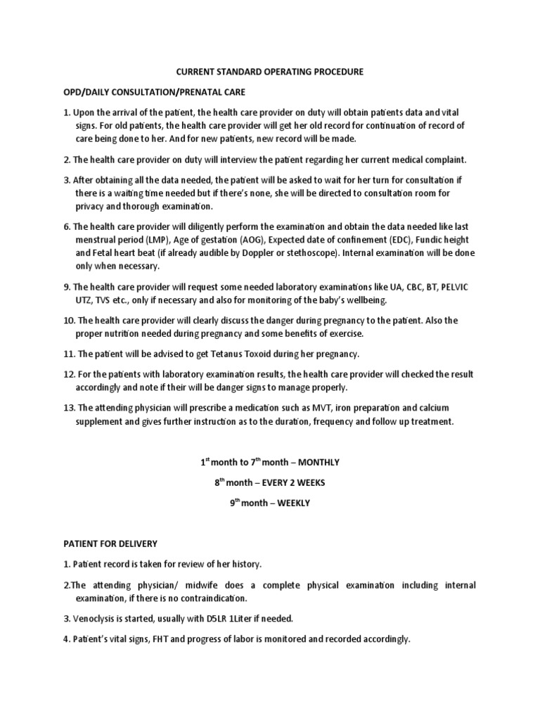 CURRENT STANDARD OPERATING PROCEDURE | PDF | Childbirth | Obstetrics