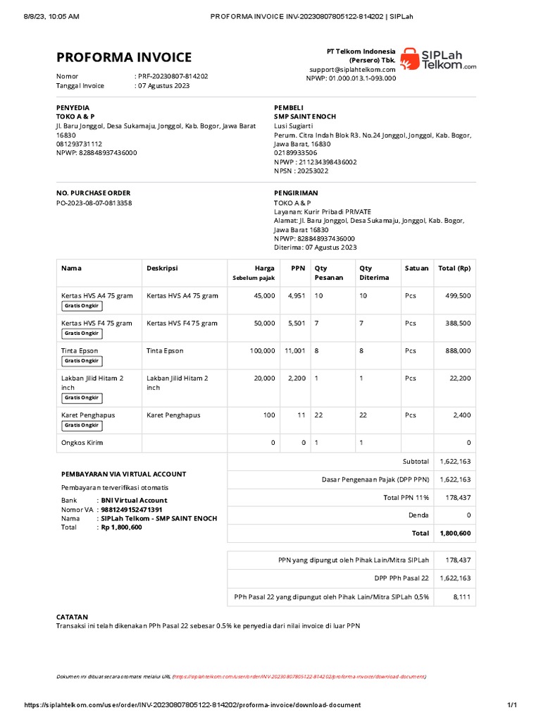 PROFORMA INVOICE INV-Atk | PDF